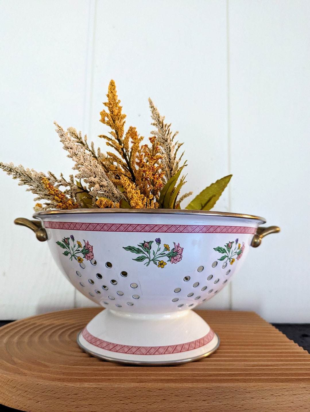 Vintage Enamelware Colander, Pink Floral Print/country Cottage - Etsy