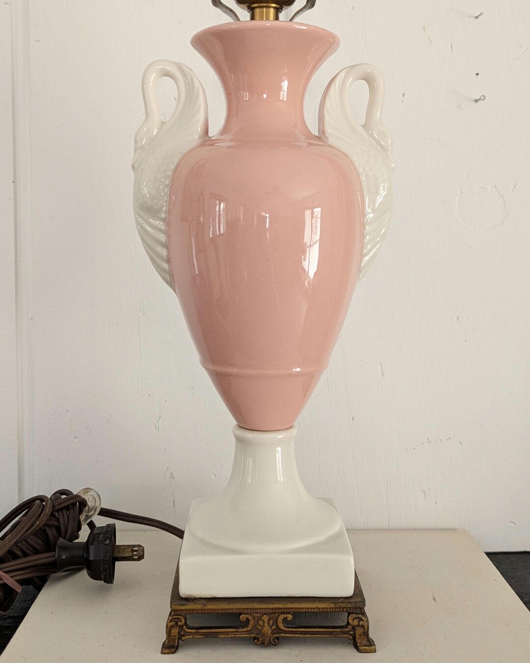 1920s 1930s Antique Pink, White Swans and Brass Gold Tone Urn Table ...