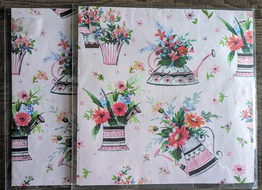 NOS MCM Vintage Wrapping Paper, Pale Pink Floral and Watering Cans, 1 ...