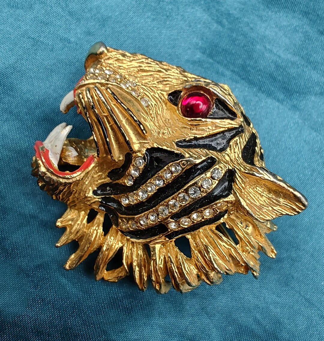 Vintage Jewelled Tiger Brooch - Etsy