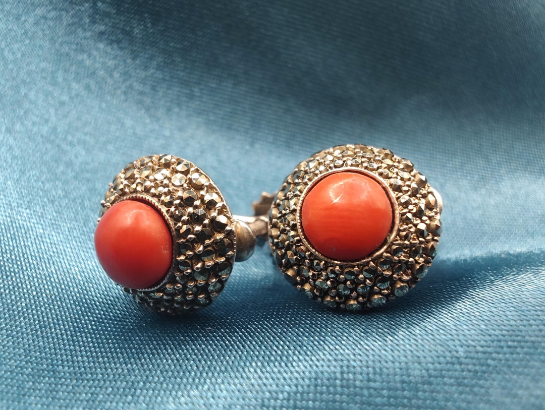 Vintage 1930s Platinin Coral and Marcasite Screw Back Earrings - Etsy