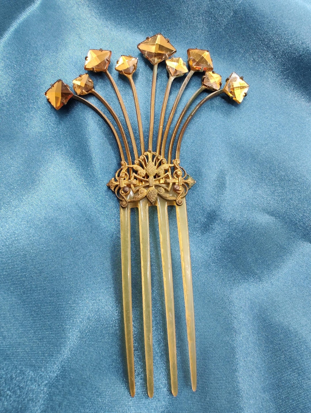 Antique Yellow Vauxhall Glass and Pressed Brass Celluloid Decorative ...