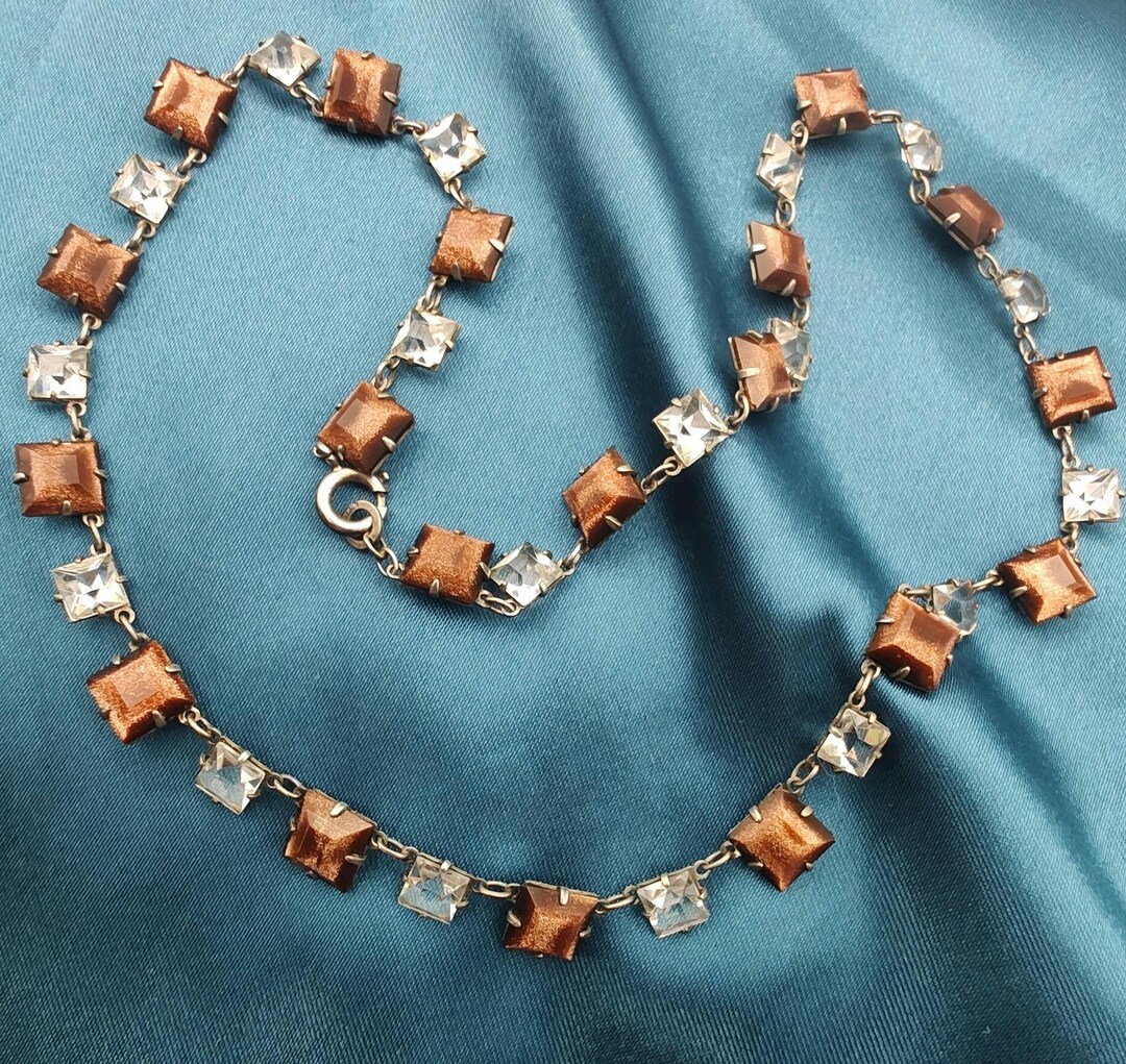 Vintage Art Deco Platinin Set Brown Art Glass and Clear Crystal Rivieré ...