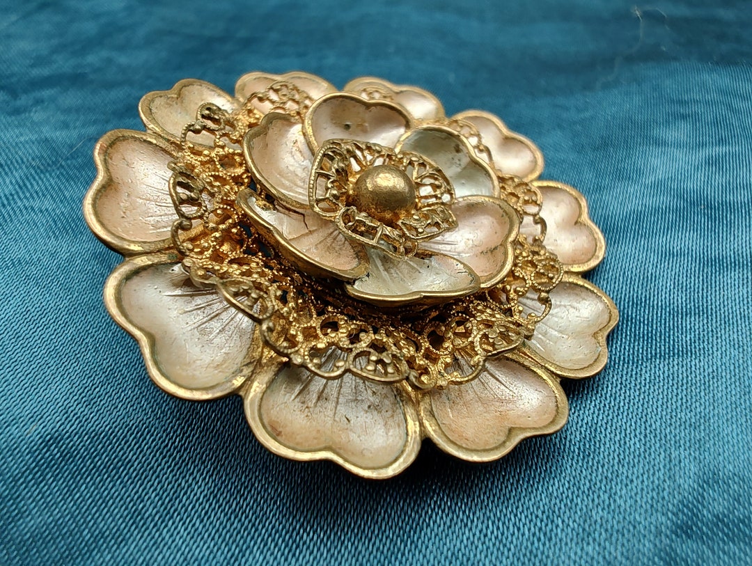 Vintage Pressed Metal Flower Brooch - Etsy