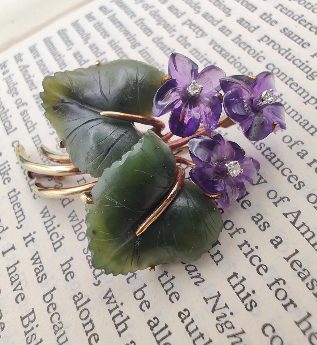 Vintage Carved Amethyst and Jade Violet Trio Posy Brooch in 14k Gold - Etsy