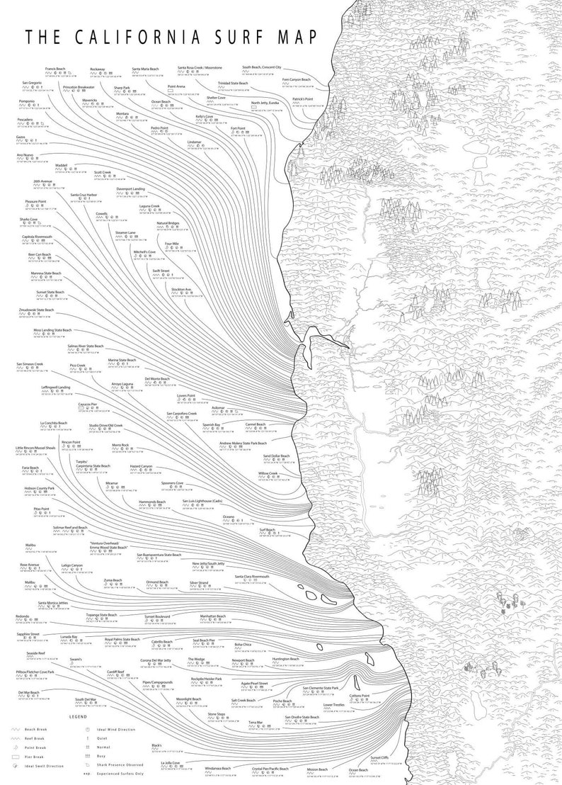 The Minimalist California Surf Map California Surfing Minimalist Surf ...