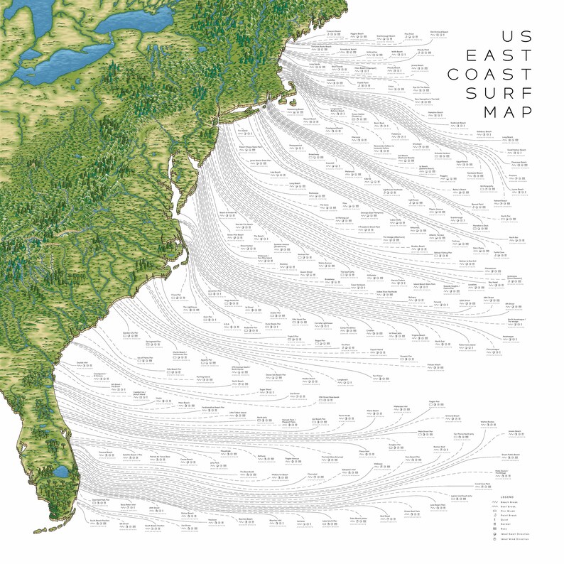 The US East Coast Surf Map - Etsy