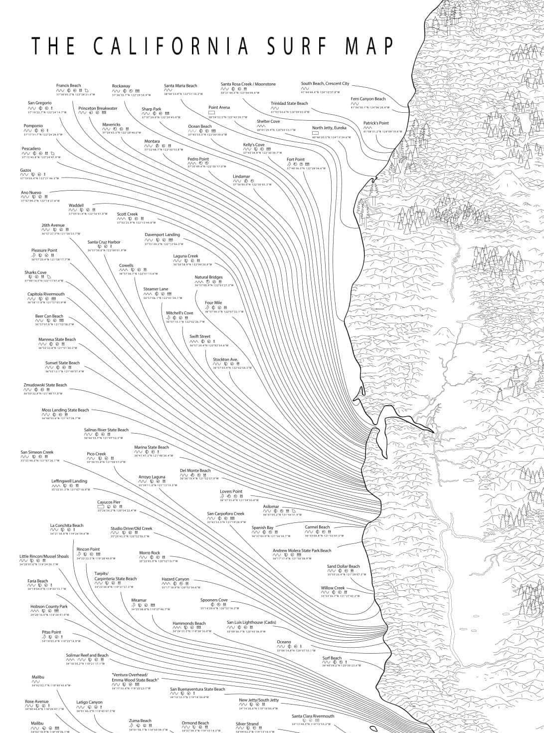 The Minimalist California Surf Map California Surfing Minimalist Surf ...