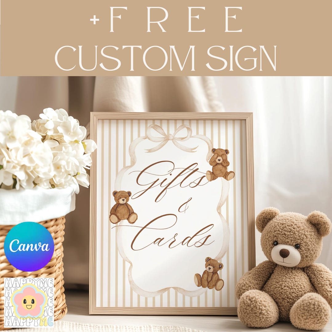 Neutral Teddy Bear Baby Shower Gift & Cards Sign, We Can Bearly Wait ...