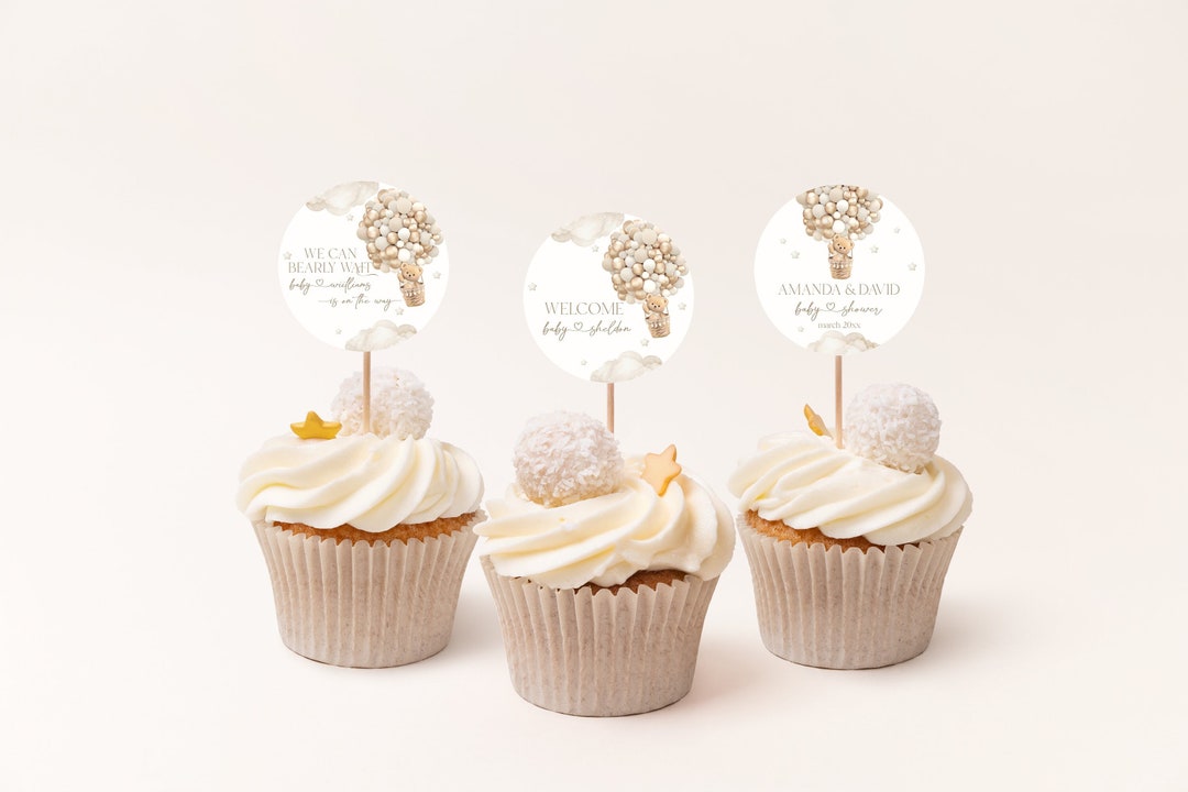 Editable Bear Balloon Cupcake Toppers, Printable Baby Shower Cupcake ...