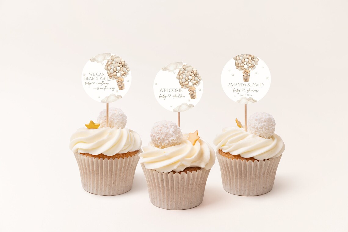 Editable Bear Balloon Cupcake Toppers, Printable Baby Shower Cupcake ...