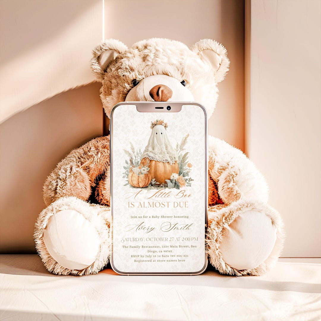 Little Boo Baby Shower Phone Evite, Ghost Halloween, Boho (digital ...