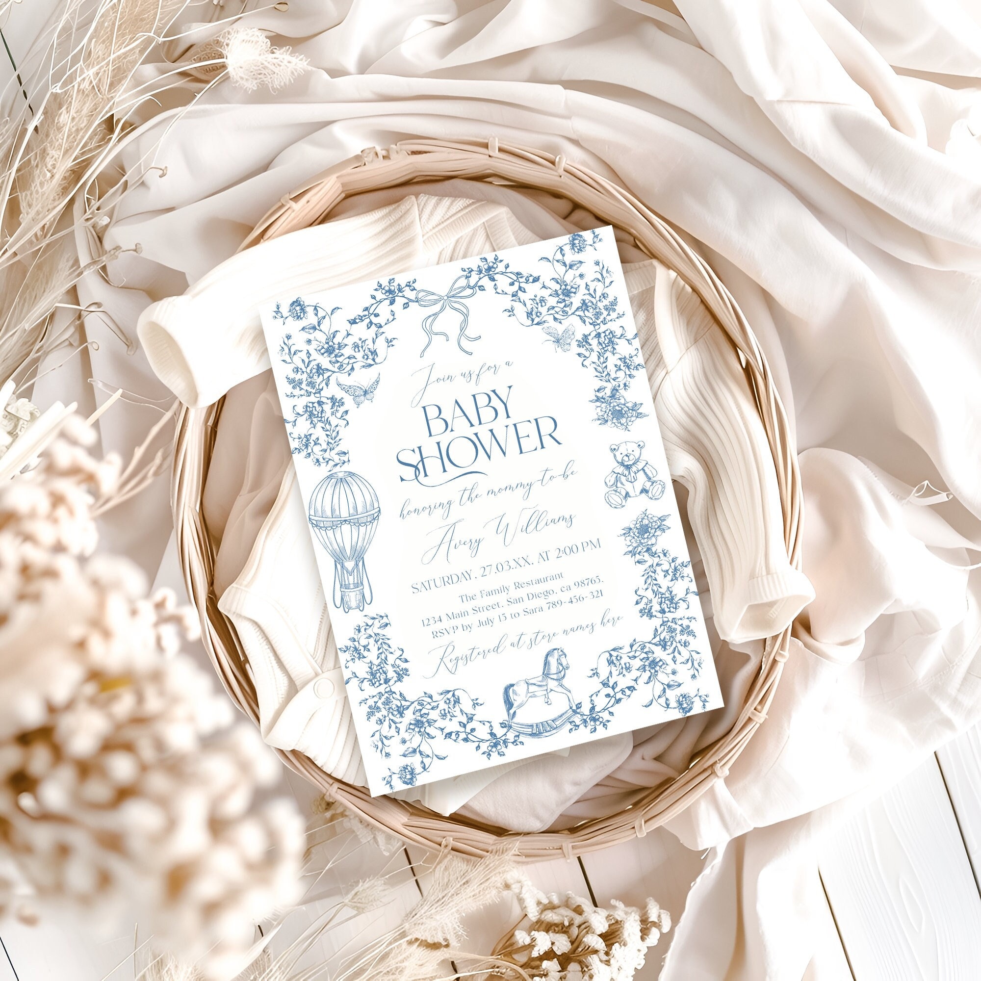 Toile De Jouy Blue Baby Shower Invitation, Editable Teddy Bear Toile ...