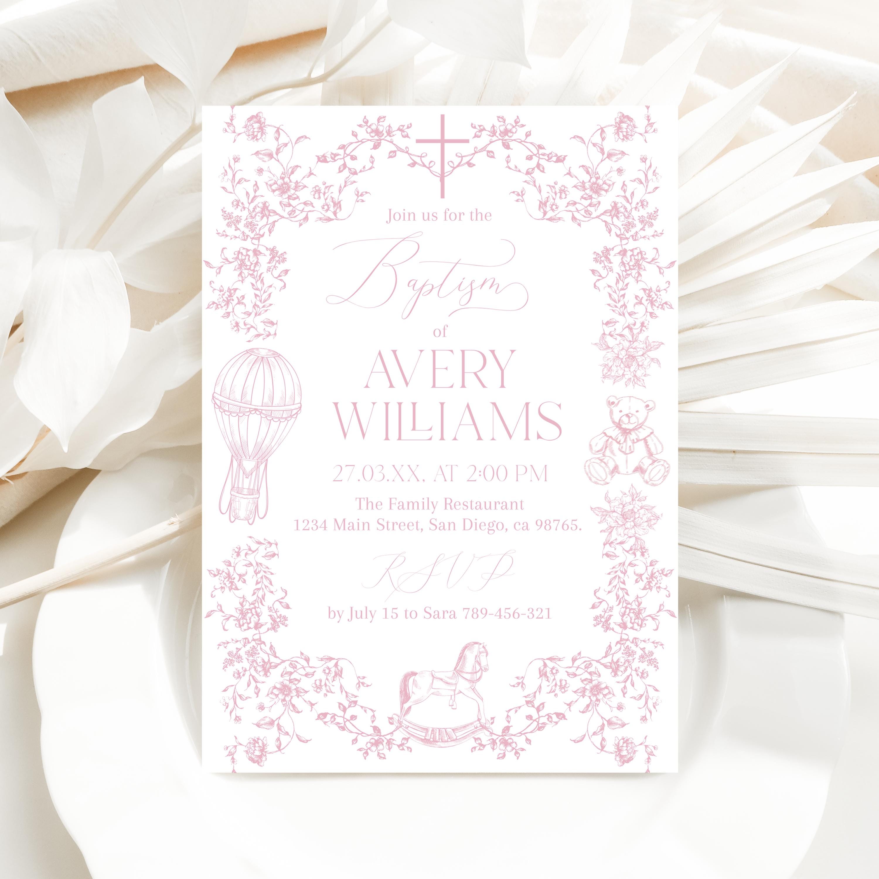 Pink Toile Girl Baptism Invitation Template, Elegant French Toile ...