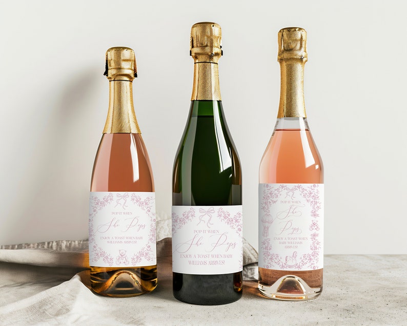 Pop It When She Pops Champagne Labels, Pink Girl Baby Shower Printed ...