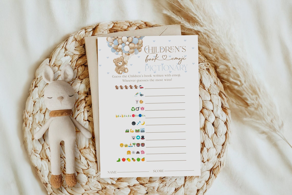 Children Book Emoji Pictionary Game, Bear Theme Boy Baby Shower Emoji ...