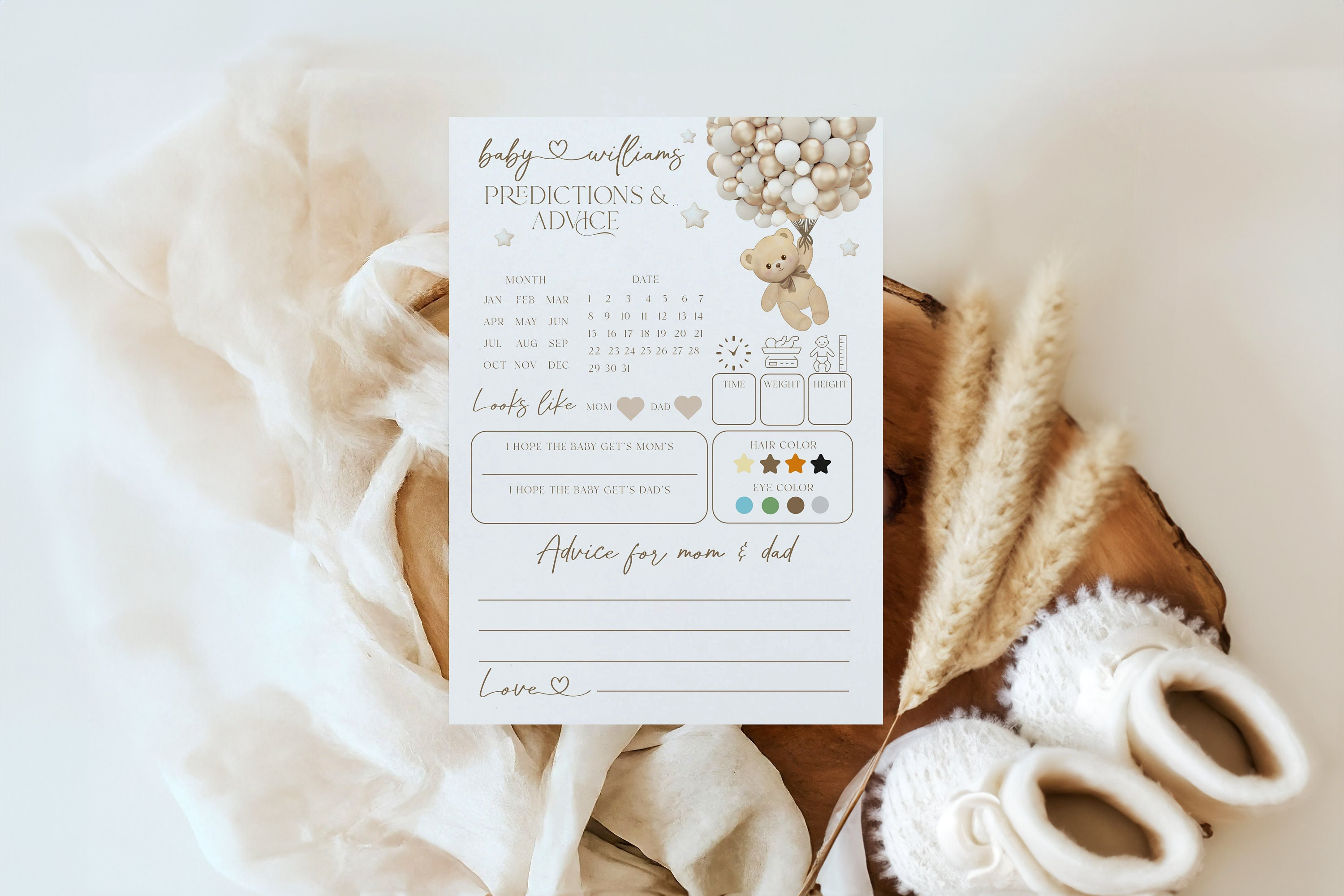 Baby Predictions Game Card, Bear Balloon Baby Shower Predictions ...