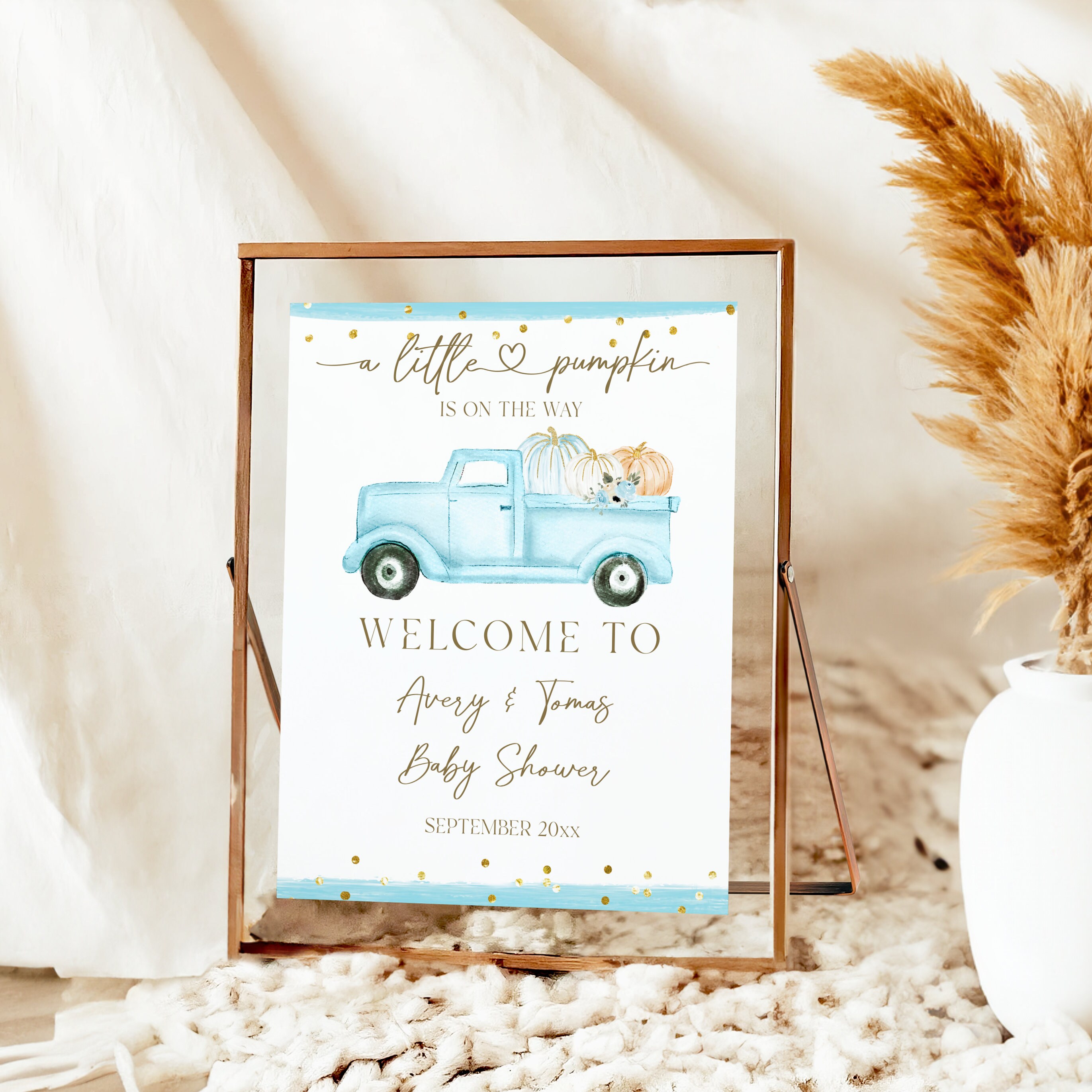 Pumpkin Baby Shower Welcome Sign, Editable Template Blue Pumpkin Truck ...