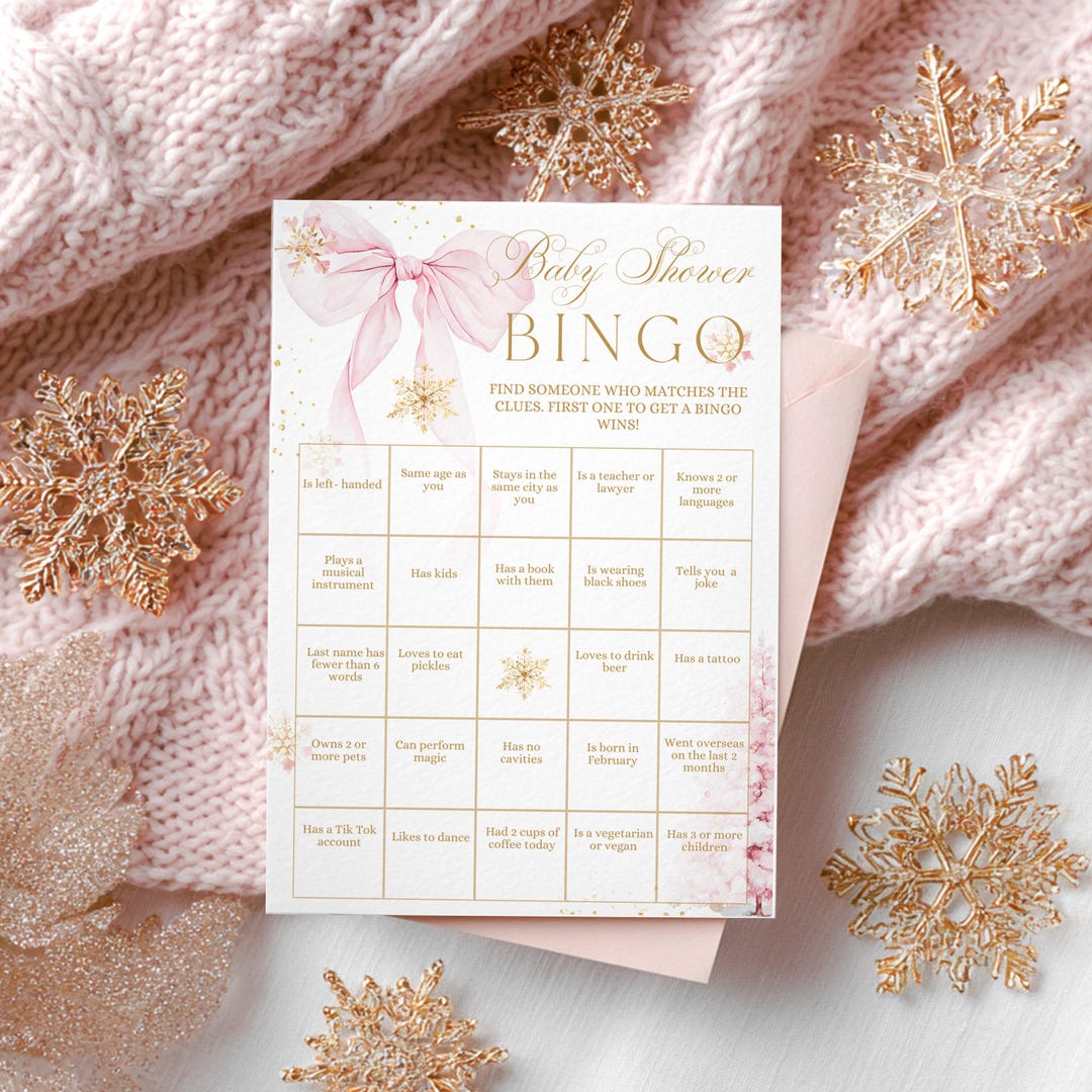 Pink Bow Winter Baby Shower Bingo Game, Pink Christmas Tree Template ...