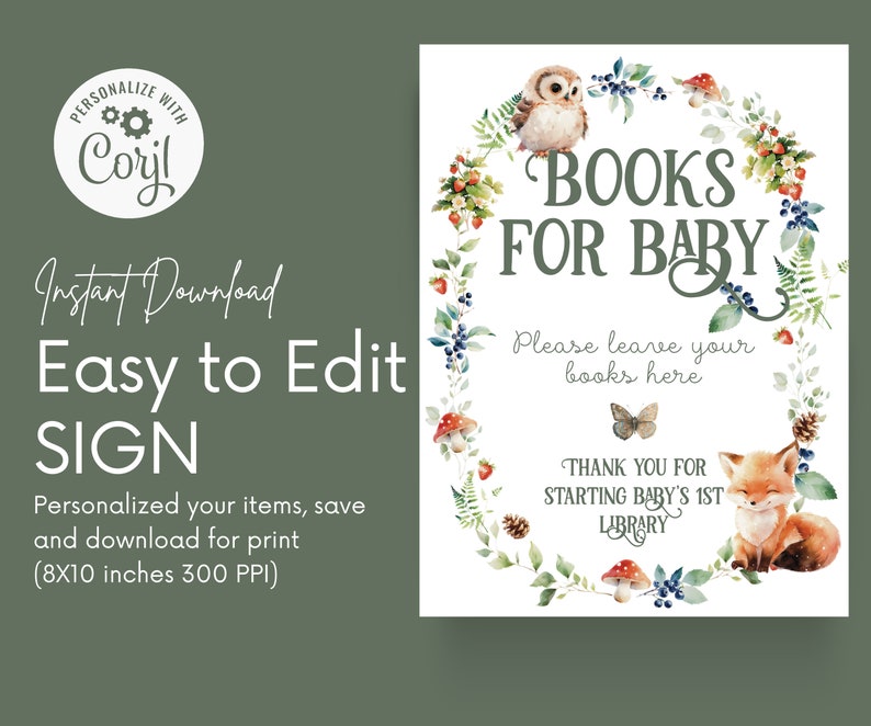 Woodland Animals Books for Baby Sign, Baby Shower Decor (digital ...