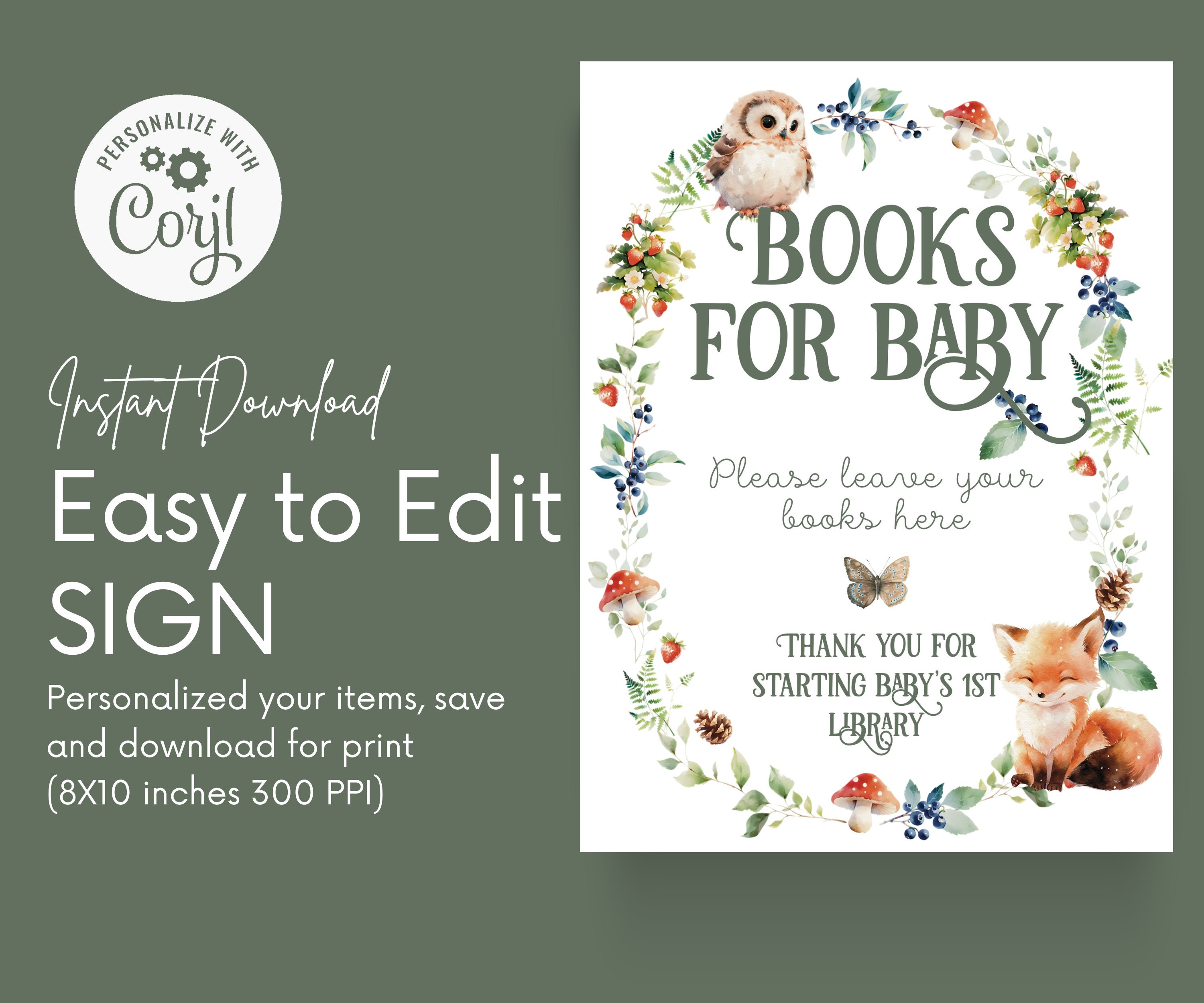 Books for Baby Sign, Editable Woodland Animals Baby Shower Baby's 1st ...