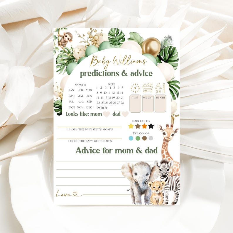 Safari Baby Shower Predictions and Advice Card, Printable Baby Shower ...