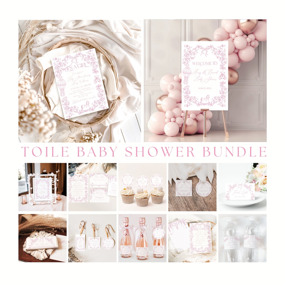 Pink Toile Baby Shower Bundle, Editable Chinoiserie Pink Floral ...