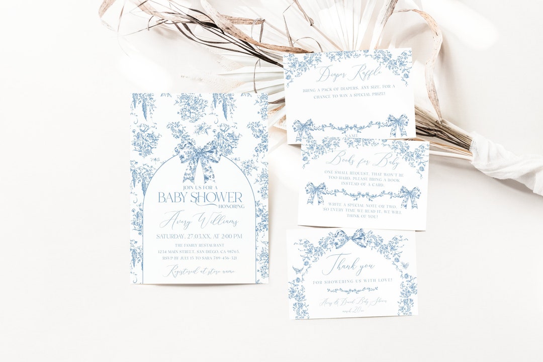 Dusty Blue Toile Baby Shower Invitation: Vintage Bow Floral (digital ...