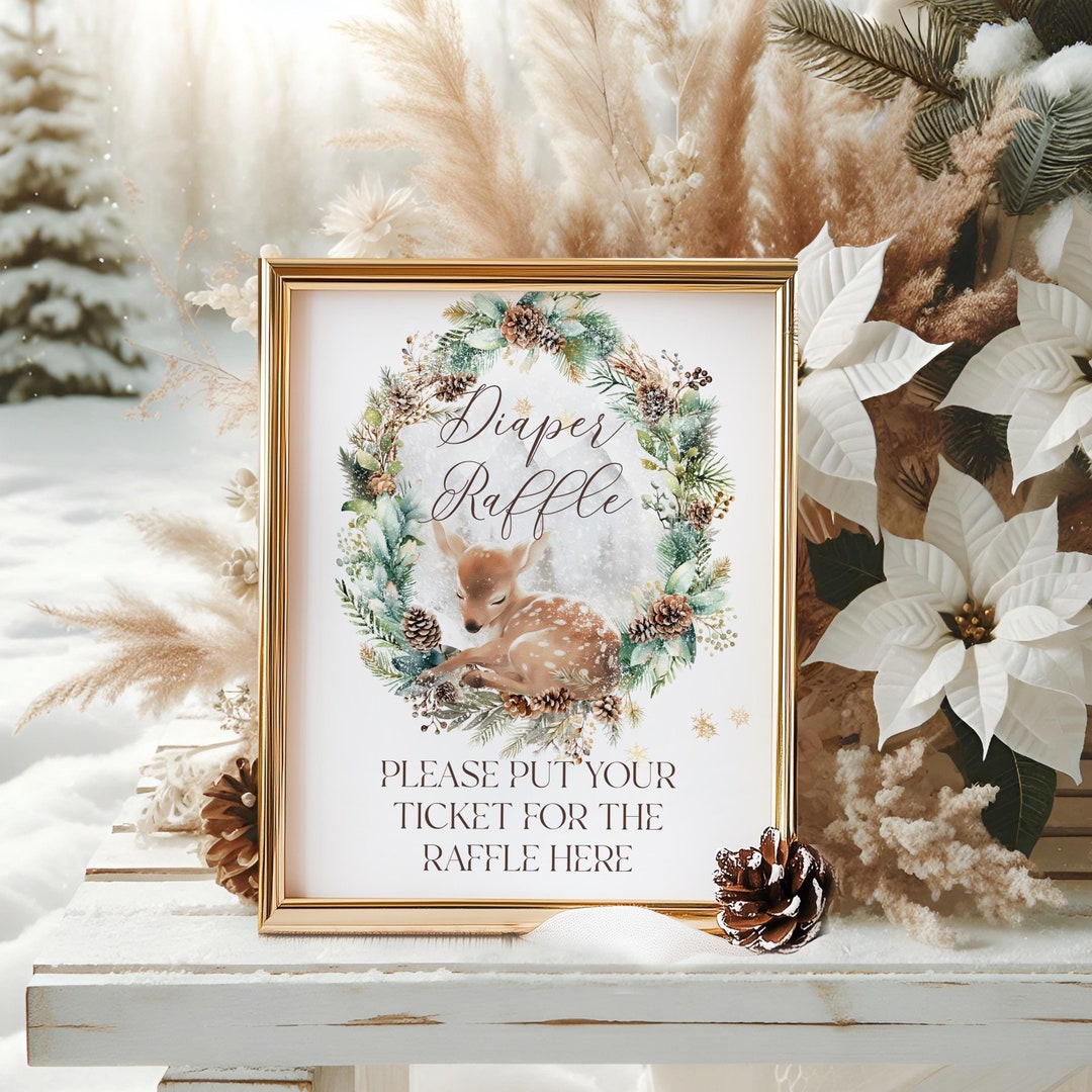 Diaper Raffle Winter Woodland Deer Baby Shower Sign, Baby It's Cold ...