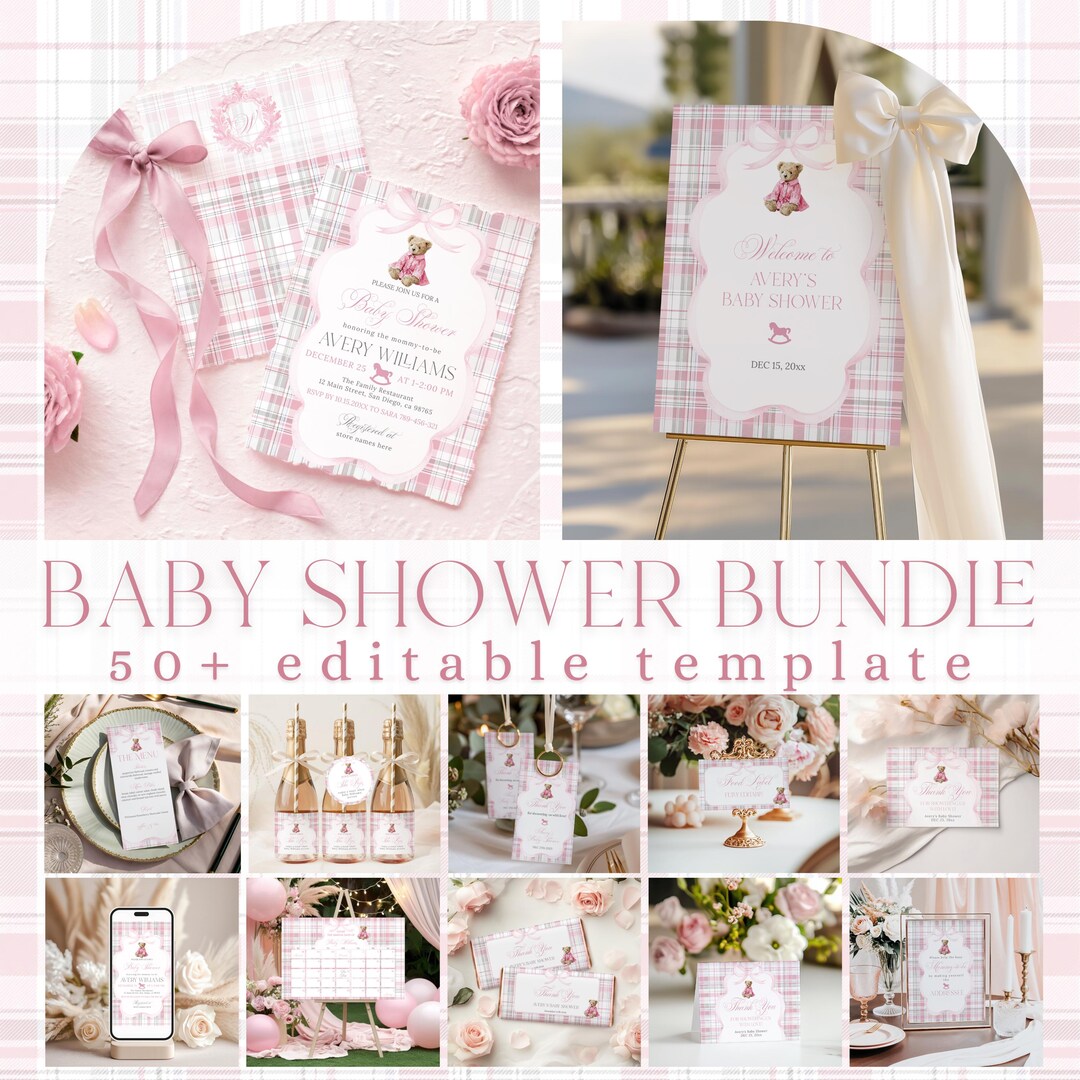 Teddy Bear Girl Baby Shower Bundle, Pink Plaid Decor (canva Download ...