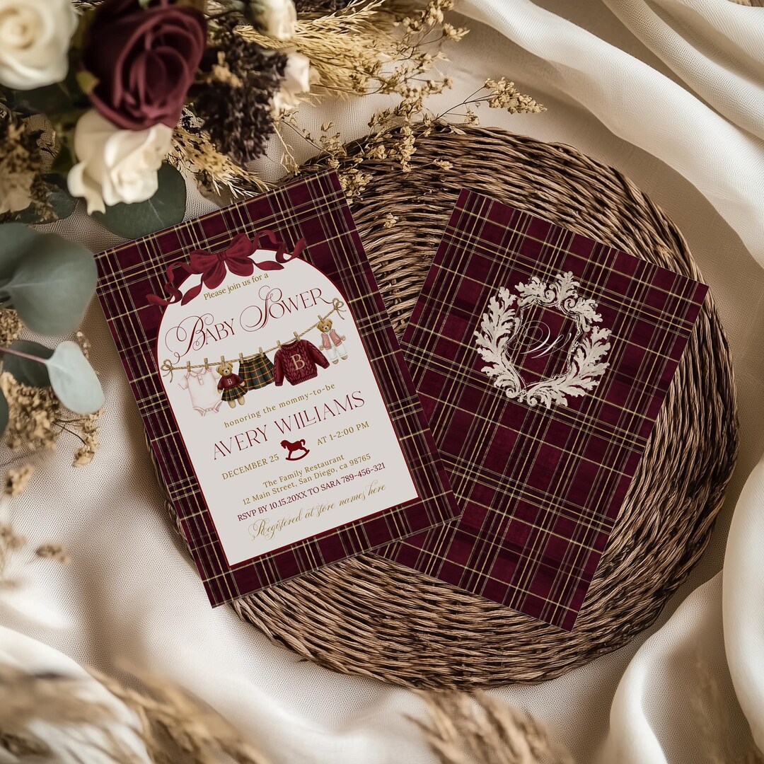 Plaid Teddy Bear Baby Shower Invitation Girl, Red Bow Editable Template ...