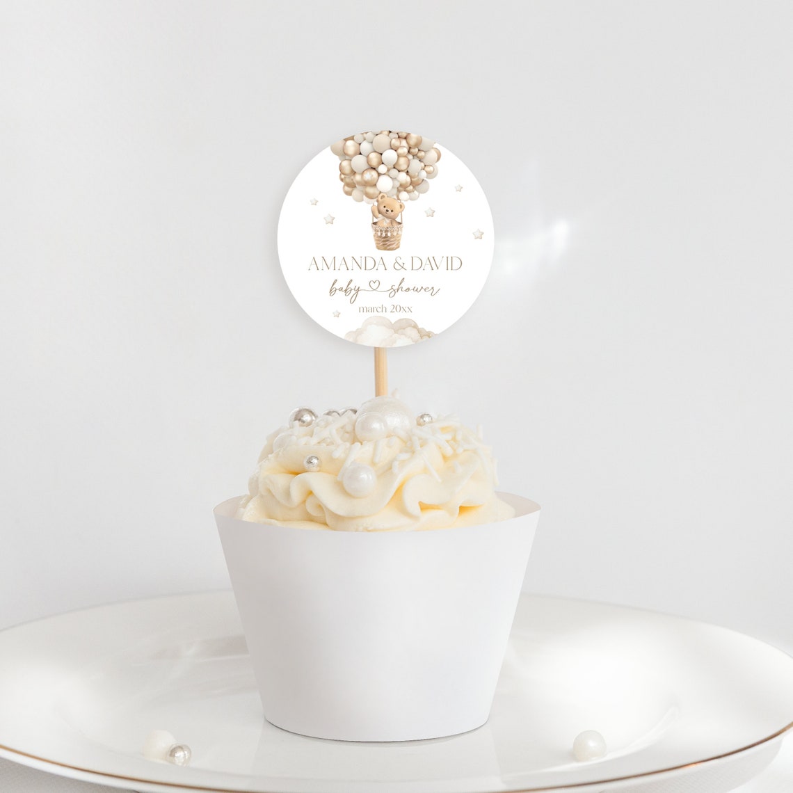 Editable Bear Balloon Cupcake Toppers, Printable Baby Shower Cupcake ...