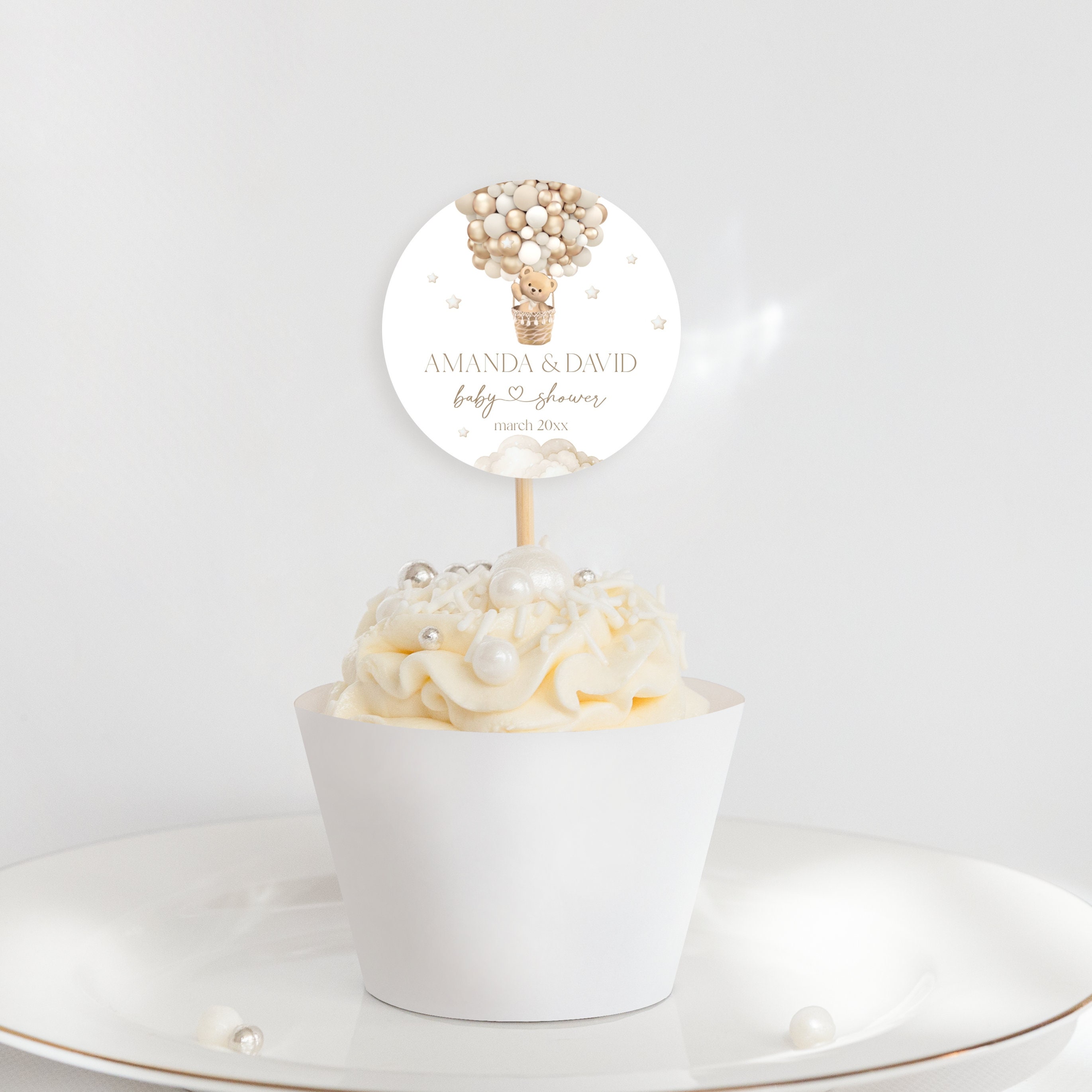 Editable Bear Balloon Cupcake Toppers, Printable Baby Shower Cupcake ...