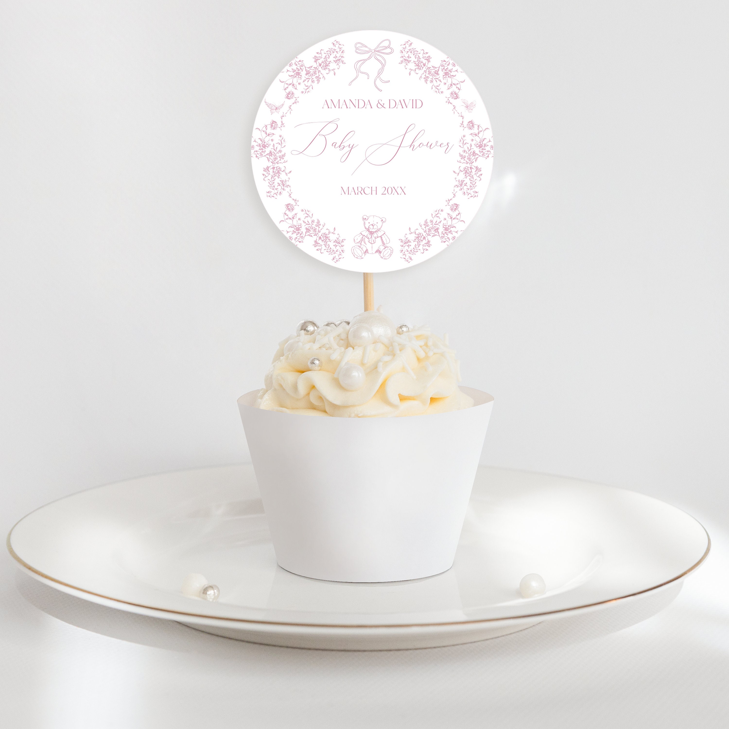 Cupcake Toppers Printable, Pink Toile French Baby Shower Editable ...