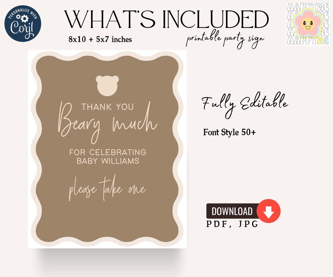Thanks Beary Much Baby Shower Favors Sign, Brown Bear Baby Shower ...