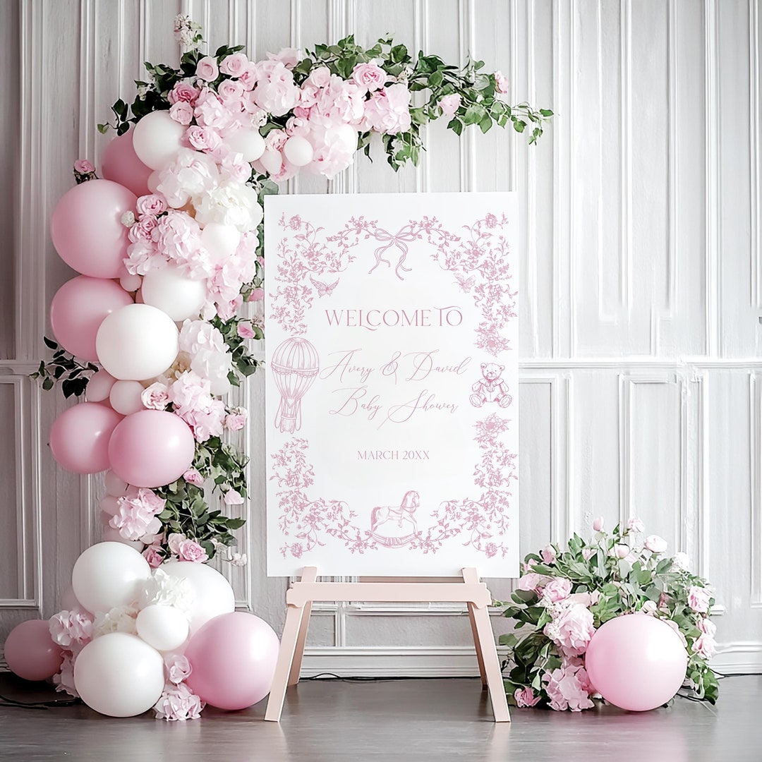 Pink Toile Baby Shower Welcome Sign, Bow Floral Baby Shower Sign ...