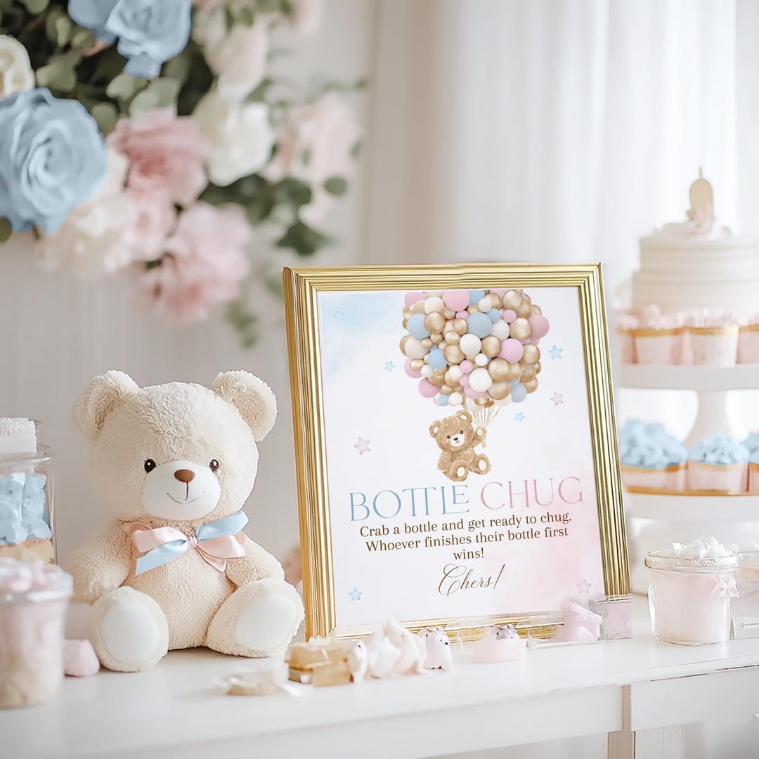 Bottle Chug Game Sign, Bear Gender Reveal Party, Teddy Bear Pink Blue ...