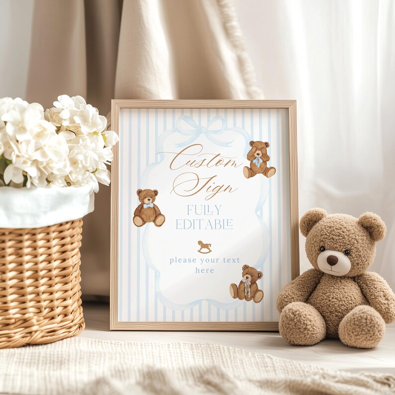 Editable Blue Teddy Bear Baby Shower Custom Sign, Printable Party Decor ...