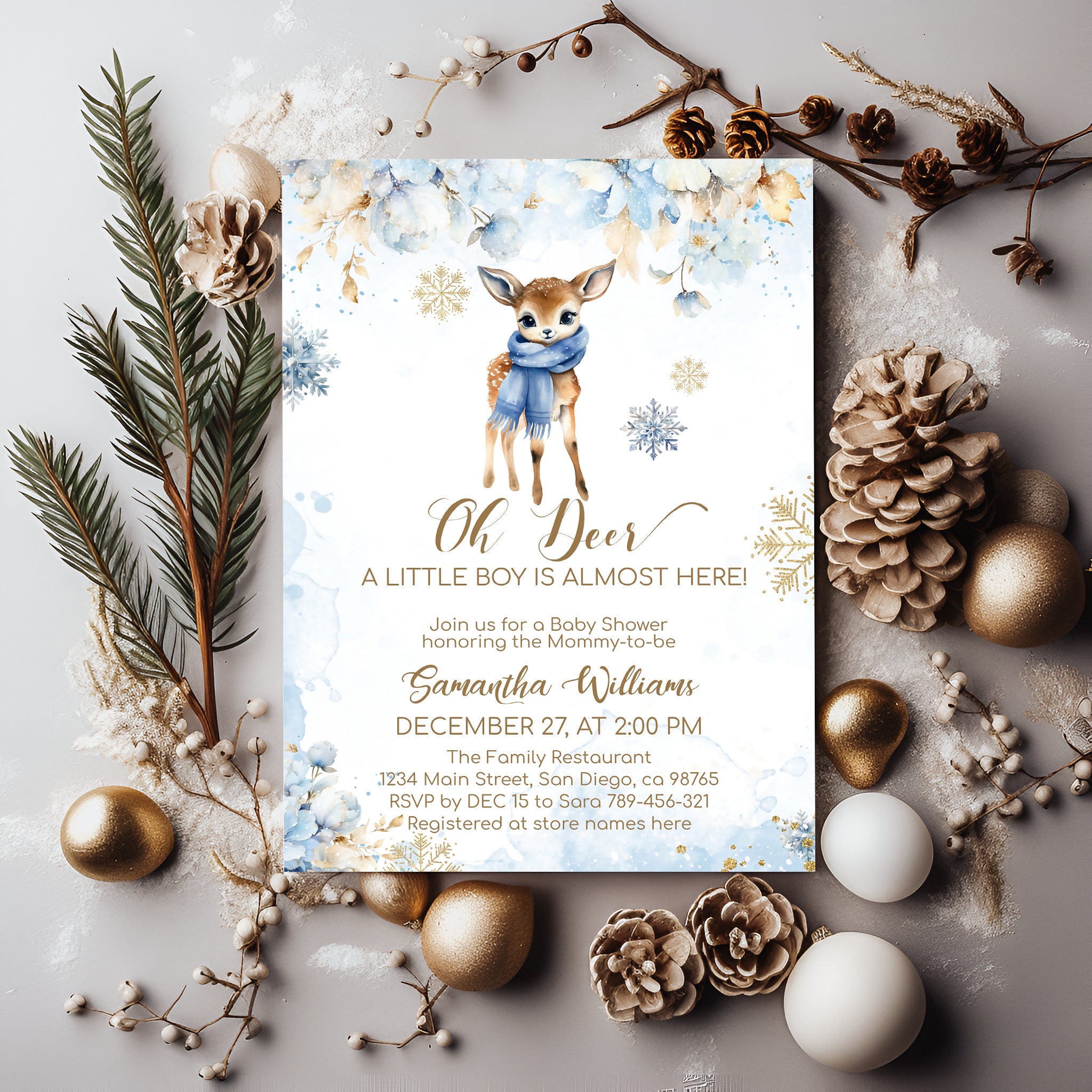 Oh Deer Baby Boy Shower Invitation, Editable Winter Baby Shower Invite ...