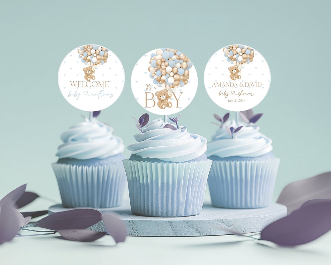Bear Blue Balloon Cupcake Toppers, Printable Boy Baby Shower Cupcake ...