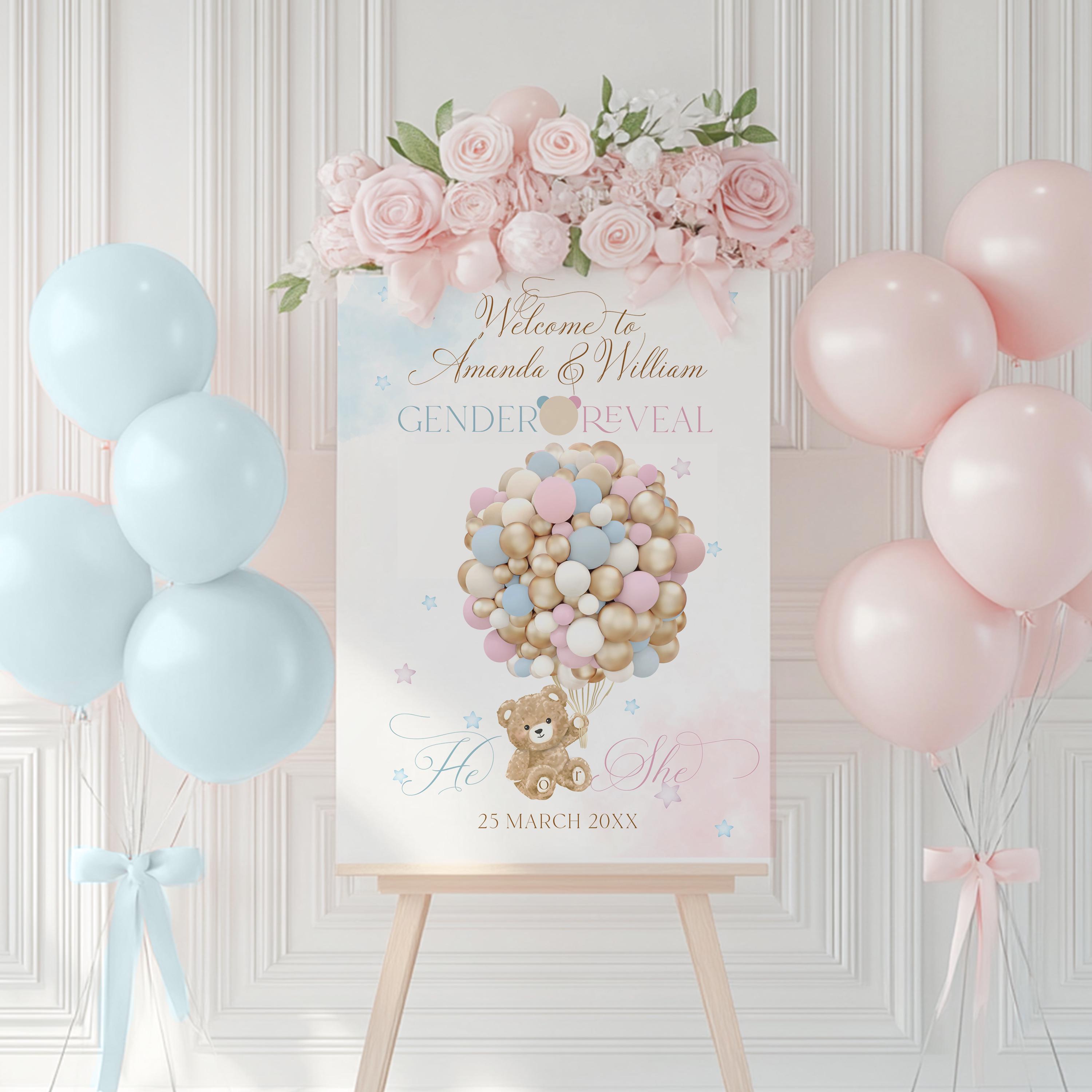He or She Bear Gender Reveal Welcome Sign, Teddy Bear Pink Blue Balloon ...