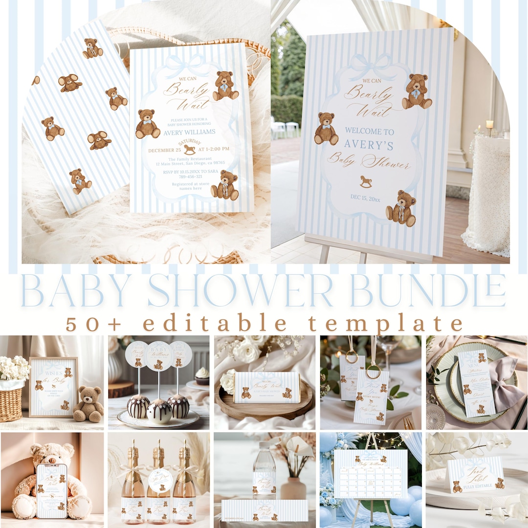 Blue Teddy Bear Baby Shower Bundle, Printable Decorations (digital ...