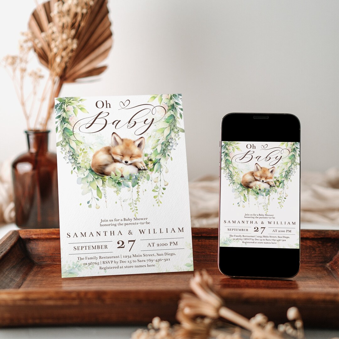 Editable Woodland Baby Shower Invitation, Cute Fox Forest Greenery Baby ...