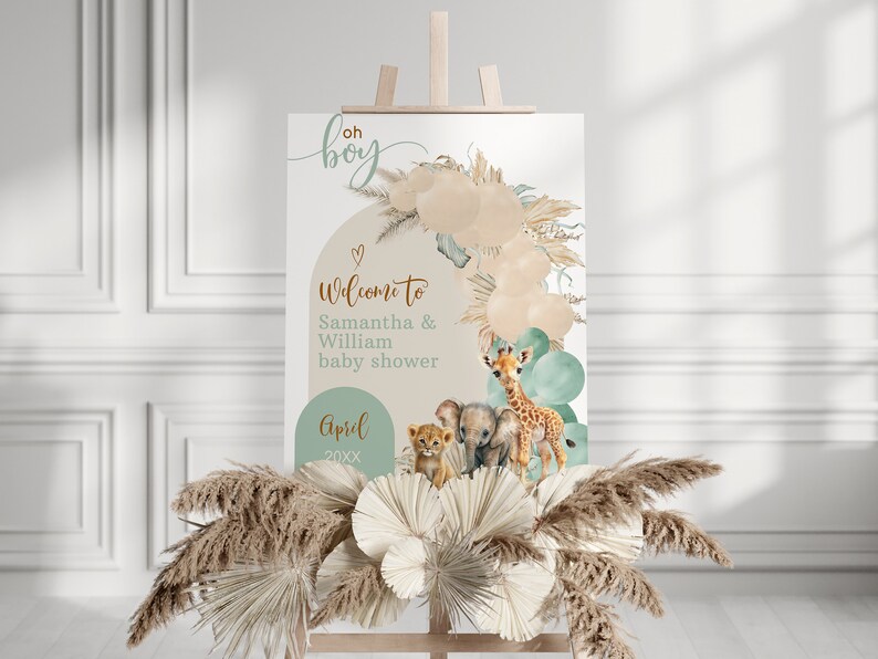 Editable Safari Animals Baby Shower Welcome Sign, Oh Boy Baby Shower ...