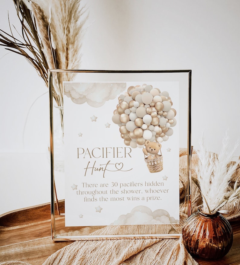 Bear Balloons Baby Shower Pacifier Hunt Game Sign, Gender Neutral We ...