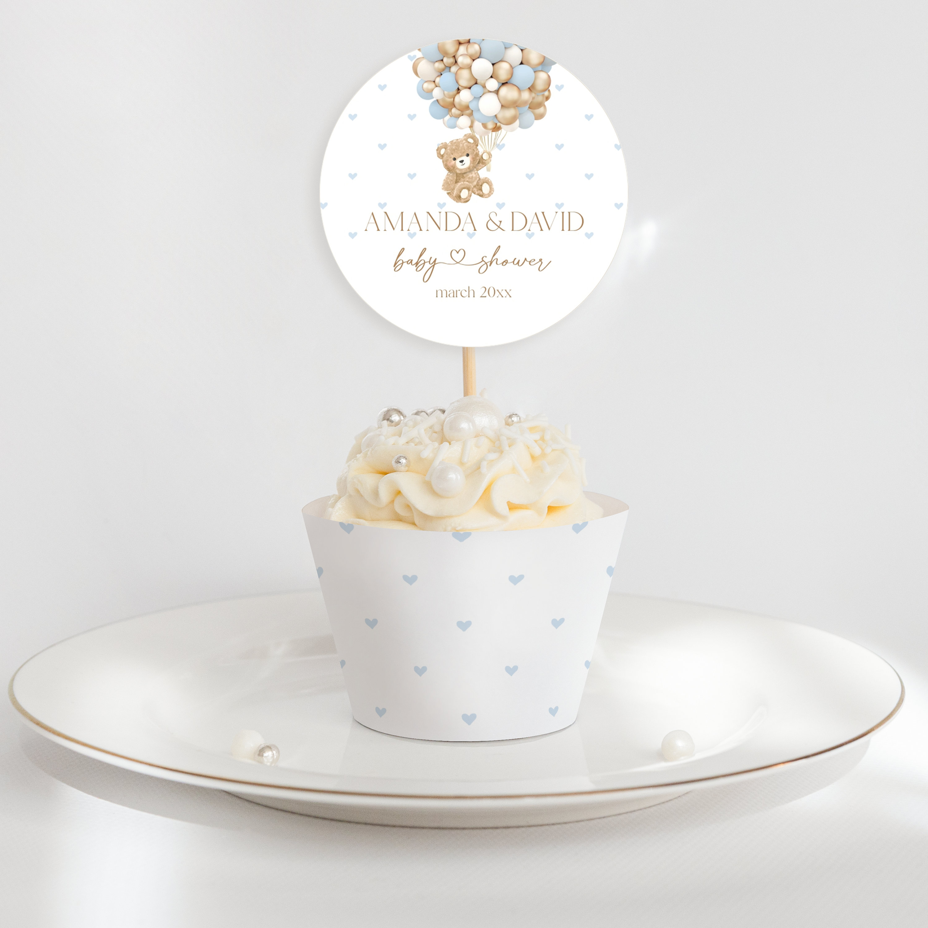 Bear Blue Balloon Cupcake Toppers, Printable Boy Baby Shower Cupcake ...