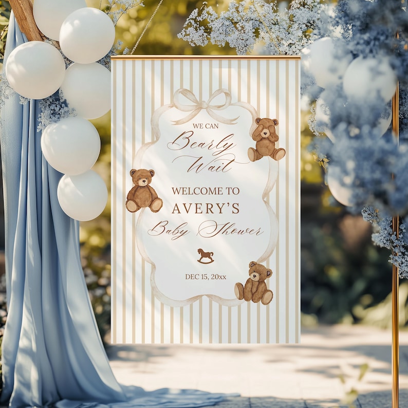 Editable Neutral Teddy Bear Baby Shower Welcome Sign, We Can Bearly ...