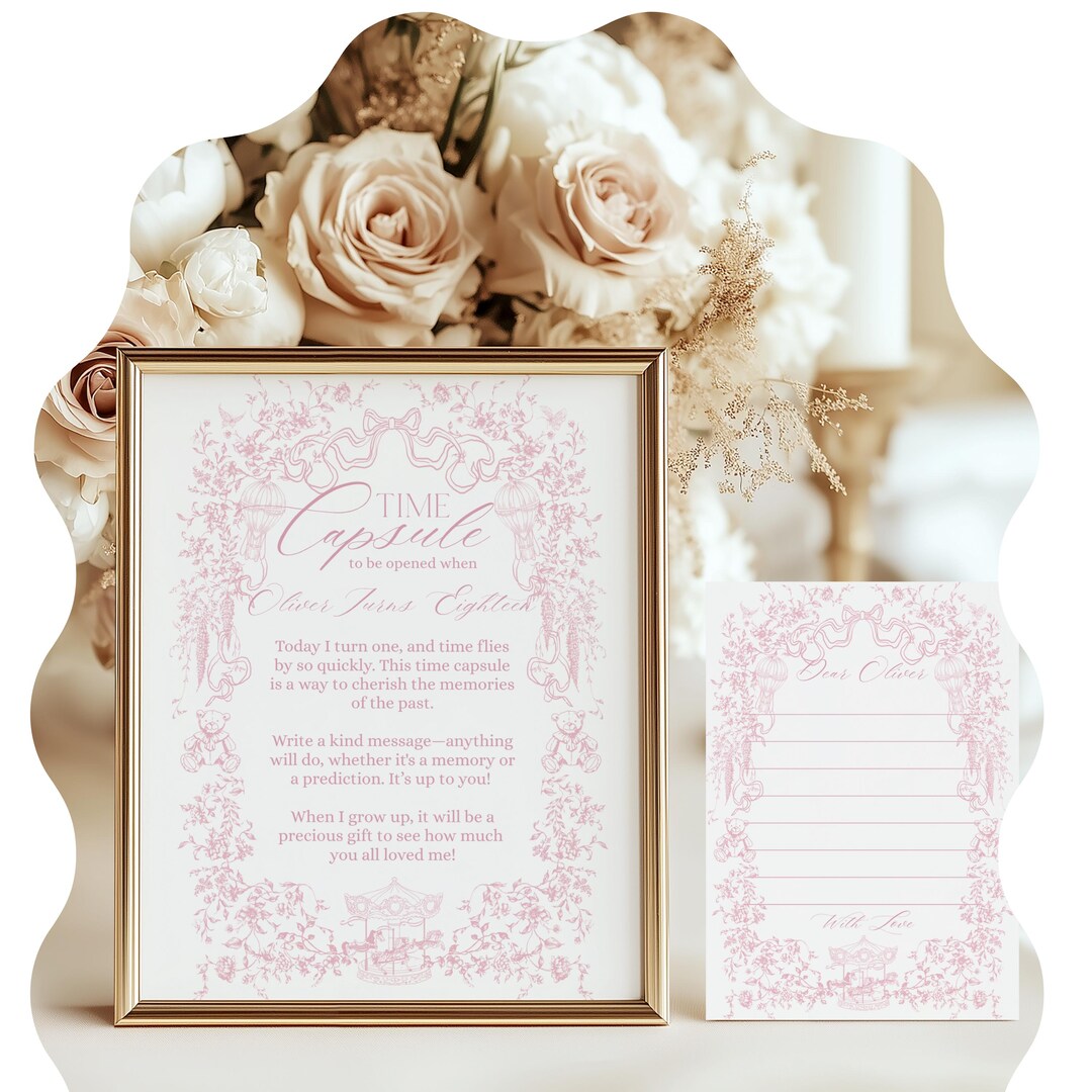 Pink Bow Floral Time Capsule, Editable Toile Pink 1st Birthday Sign ...