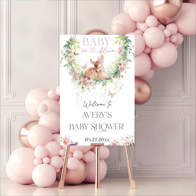 Baby in Bloom Deer Baby Girl Shower Welcome Sign, Woodland Baby Shower ...