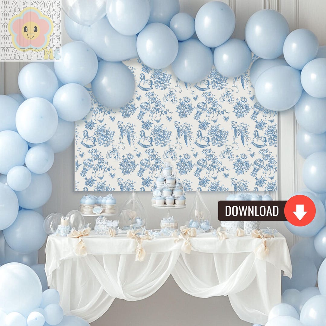 Toile Dusty Blue Baby Shower Backdrop, Elegant Toile Pattern Party ...